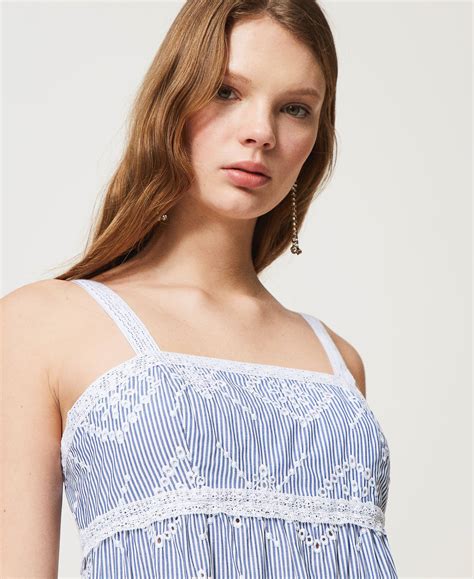 Robe Longue En Popeline Avec Broderie Anglaise Femme Bleu TWINSET Milano