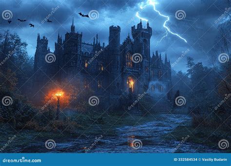 Scary Gothic Castle On Halloween Night Haunted Palace Or Mansion For
