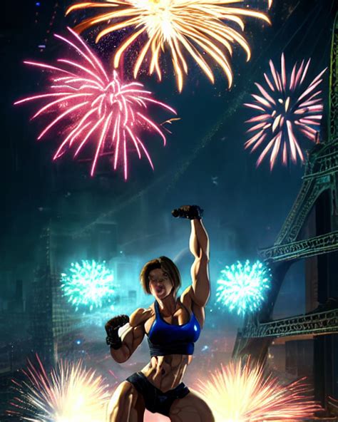 Prompthunt Gigachad Jill Valentine Bodybuilder Jumping In Front Of A
