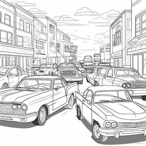 Un Dibujo Lineal En Blanco Y Negro De Coches En Una Calle Muy