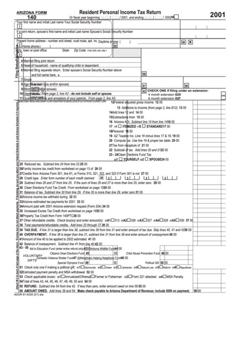 Arizona Form 140 Resident Personal Income Tax Return 2001 Printable
