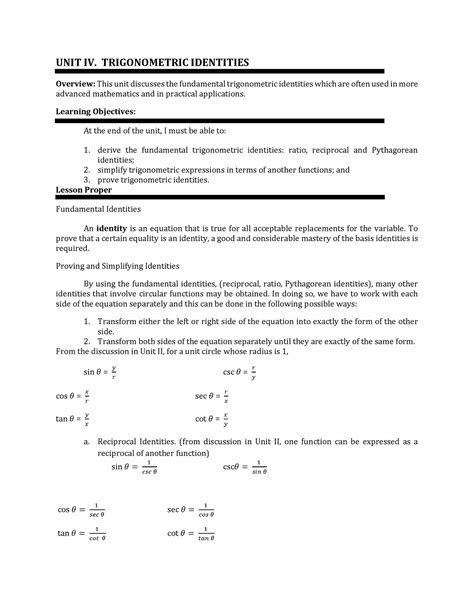 trigonometry unit 4 module trigonometric identities unit iv trigonometric identities