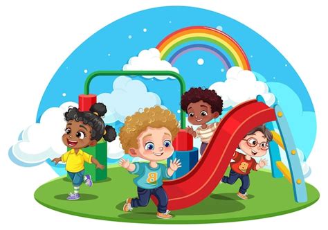 Niños con diferentes razas jugando en el tobogán del patio Vector Premium