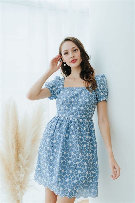 Lorraine Eyelet Puffed Sleeves Dress In Blue Shopperboard