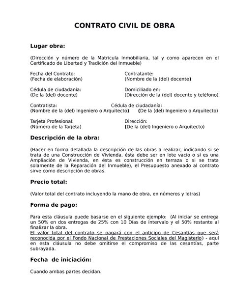 Contrato Civil De Obra Contrato Civil De Obra Lugar Obra Direcci N