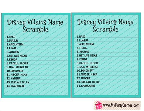 Free Printable Disney Villains Name Scramble Disney Villain Names