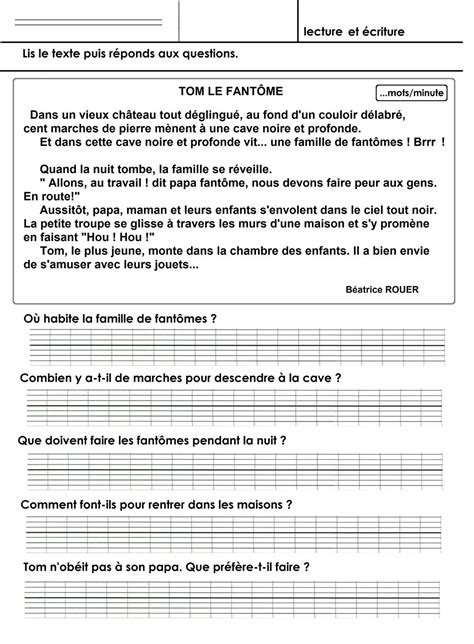 Texte questions de lecture production d écrit CE1 Tom le fantôme