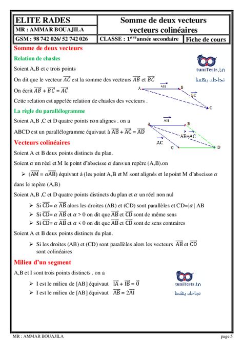 Cours 1ere Annee Secondaire Maths Somme De Deux Vecteurs Ammar