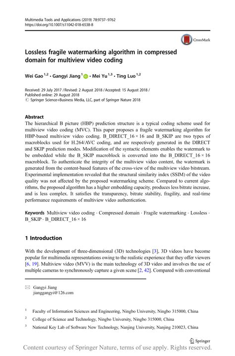 lossless fragile watermarking algorithm in compressed domain for multiview video coding