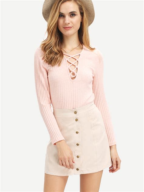 Faux Suede Buttoned Front Skirt Apricot SheIn Sheinside