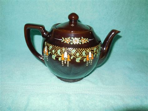 Vintage Teapot Made In Japan Moriage Redware Brown Betty Hand Painted
