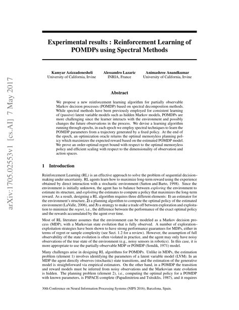 pdf experimental results reinforcement learning of pomdps using spectral methods