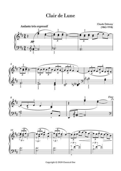 Debussy Clair De Lune Easy Piano Sheet Music Classical Etsy Australia