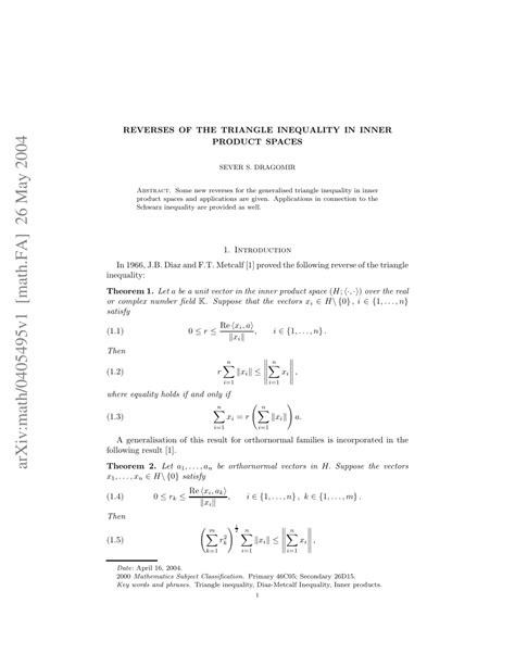 pdf reverses of the triangle inequality in inner product spaces