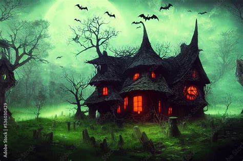 Spooky Witch Hut Of Mystical Ghost Land Village 3D Art Halloween Horror