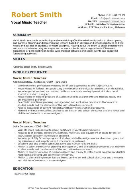 Vocal Music Teacher Resume Samples QwikResume