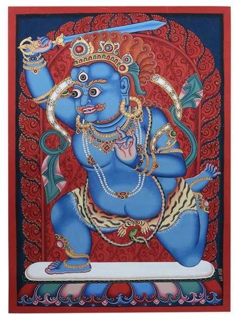 Furious Buddhist Deity Vajrapani With Sword From Nepal Thangka