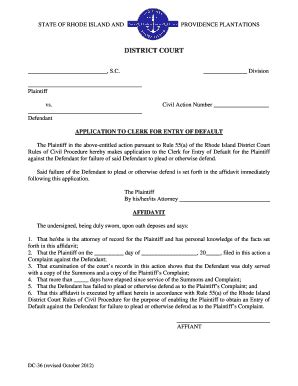 Fillable Online Courts Ri Application To Clerk For Entry Of Default