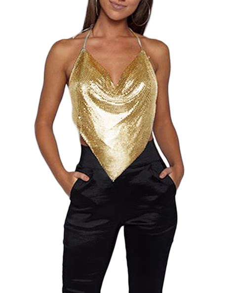 2017 Women Metal Crop Top Halter Plunge V Strappy Sleeveless Backless