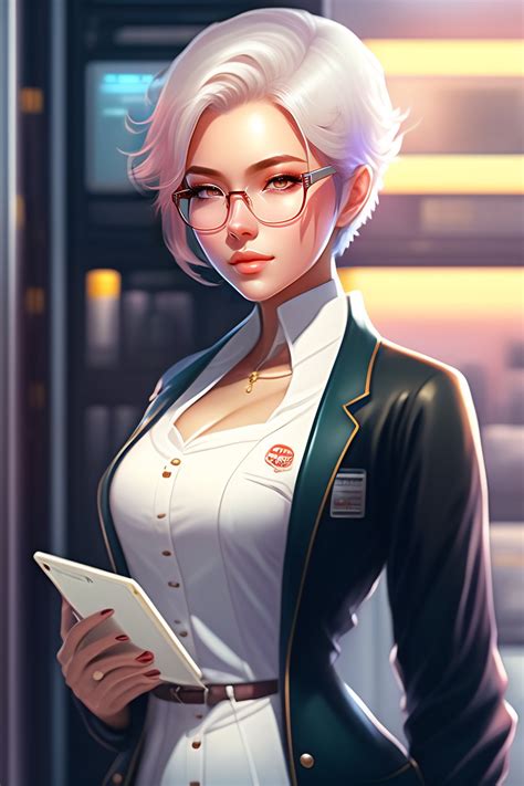 Lexica Beautiful Anime Girl With Short White Hair Wearing Lab Coat
