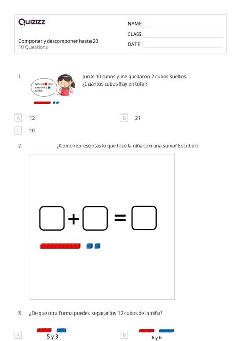 50 Componer y descomponer números hojas de trabajo para Grado 1 en