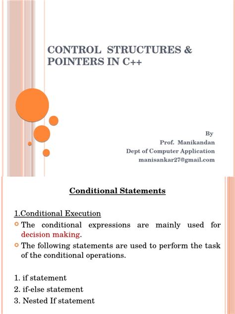control structures and pointers in c by prof manikandan dept of computer application pdf