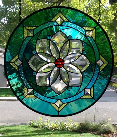 Round Stained Glass Window Panel Beveled Flower Medallion Delphi