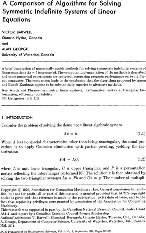 a comparison of algorithms for solving symmetric indefinite systems of linear equations acm