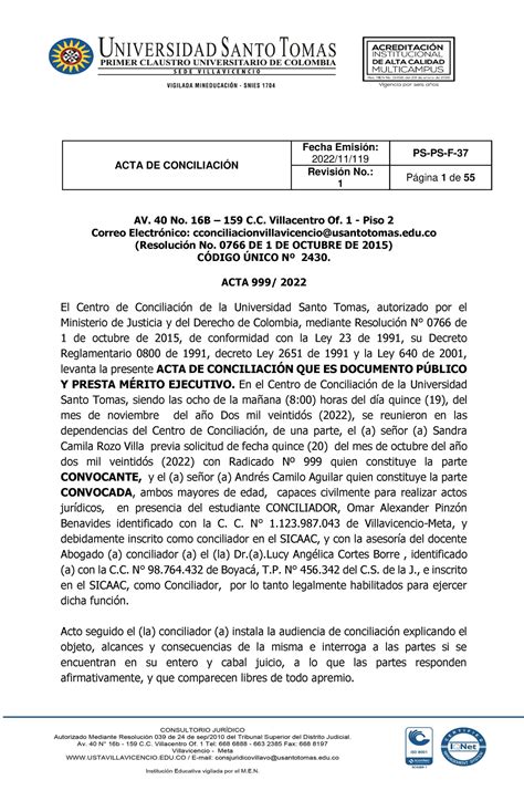 Acta De Conciliaicon Fijacion De Cuota Alimentaria ACTA DE
