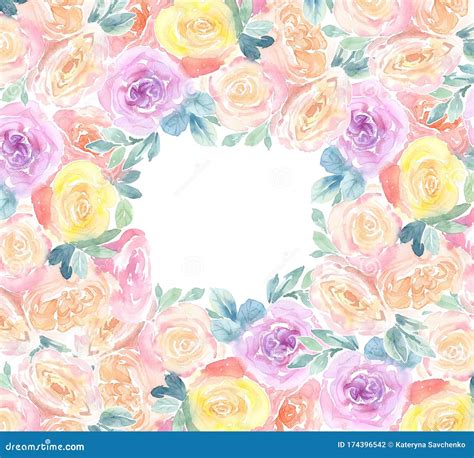 Watercolor Rose Flowers Frame Botanic Hand Drawn Banner With Place For