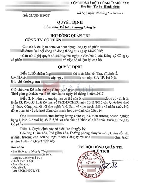 Mẫu Quyết Định Bổ Nhiệm Kế Toán Trưởng Mới Nhất Kế Toán Lê Ánh Kiến