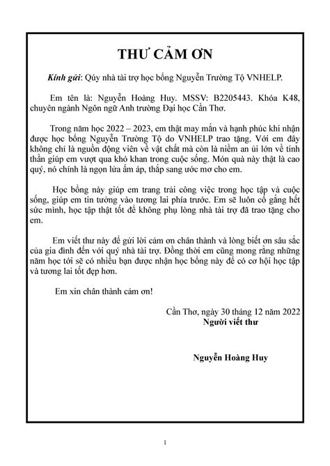 THƯ CẢM ƠN NHÀ TÀI TRỢ HỌC BỔNG THƯ CẢM ƠN Kính gửi Qúy nhà tài trợ