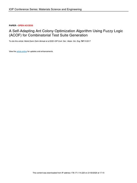 a self adapting ant colony optimization algorithm using fuzzy logic acof for combinatorial