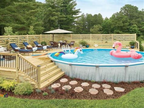 An Above Ground Pool With A Flamingo In The Middle And Some Chairs