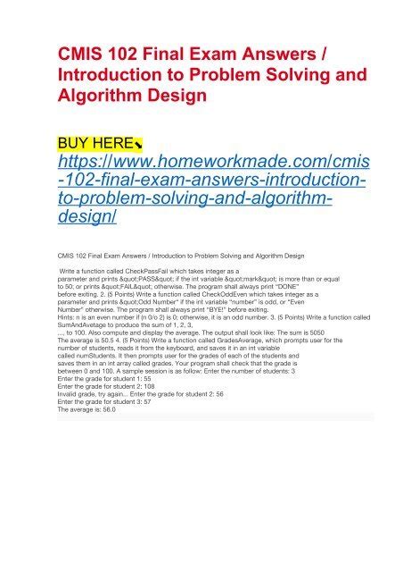 cmis 102 final exam answers introduction to problem solving and algorithm design
