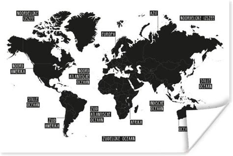 Carte Du Monde Noir Et Blanc Sur Poster Peinture Grand 150x100 Cm