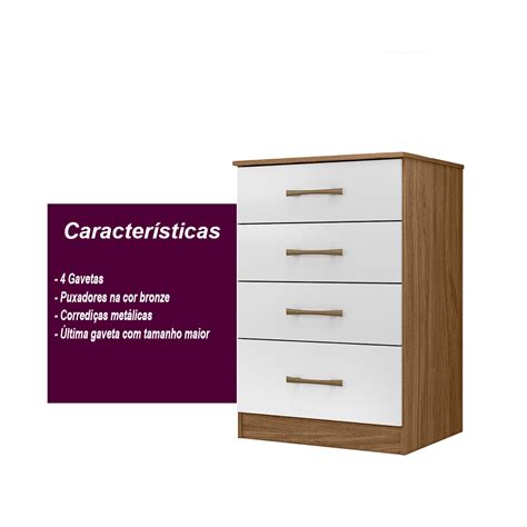 Cômoda MS913 4 gavetas Naturale Branco Virtual Móveis