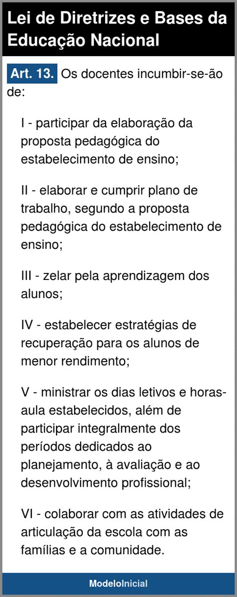Artigo 13 Lei de Diretrizes e Bases da Educação Nacional 1996