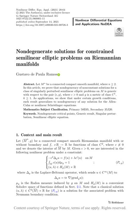 nondegenerate solutions for constrained semilinear elliptic problems on riemannian manifolds