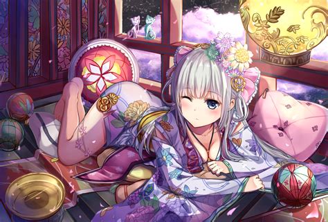 White Hair Anime Girl Kimono Anime Wallpaper Hd