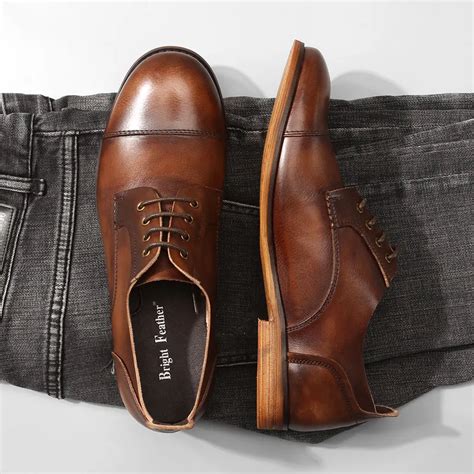 Brown Black Round Toe Real Cowhide Leather Oxfords Shoes Men Casual