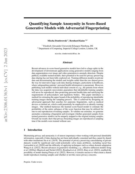 pdf quantifying sample anonymity in score based generative models with adversarial fingerprinting