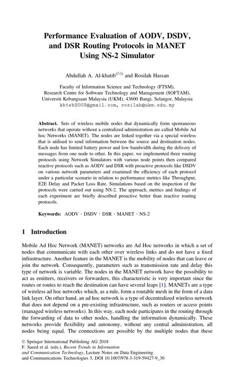 pdf performance evaluation of aodv dsdv and dsr routing protocols in manet using ns 2 simulator