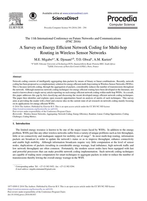 pdf a survey on energy efficient network coding for multi hop routing in wireless sensor networks