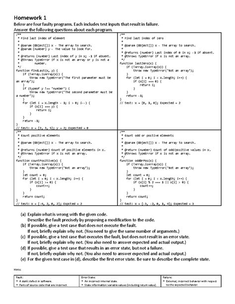 homework 1 assignment for software testing homework 1 below are four faulty programs each