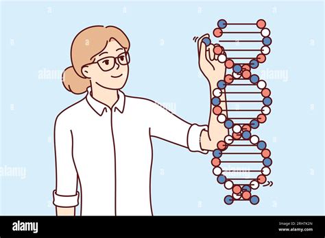 Mujer genetista estudia la cadena de ADN cerca de la molécula del
