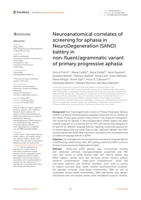 pdf neuroanatomical correlates of screening for aphasia in neurodegeneration sand battery in