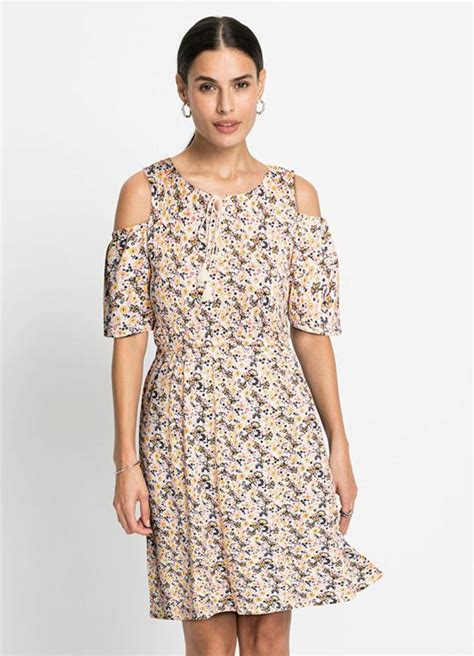 Vestido Ombro Vazado Floral Rosa Laranja Bonprix
