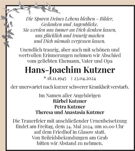 Traueranzeigen von Hans Joachim Kutzner Märkische Onlinezeitung