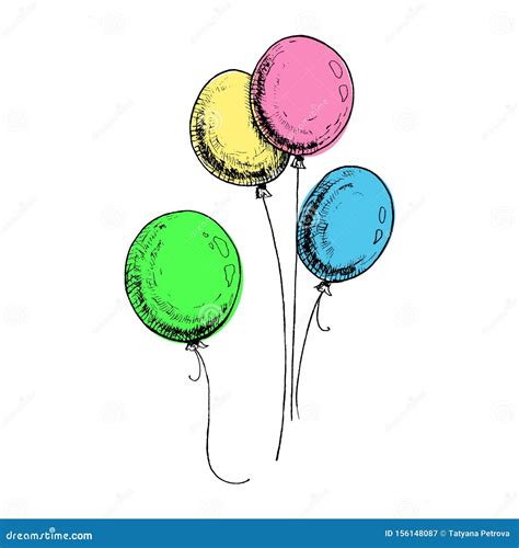 Balloons Colored Sketch Hand Drawn Bright Balloons Isolated On White